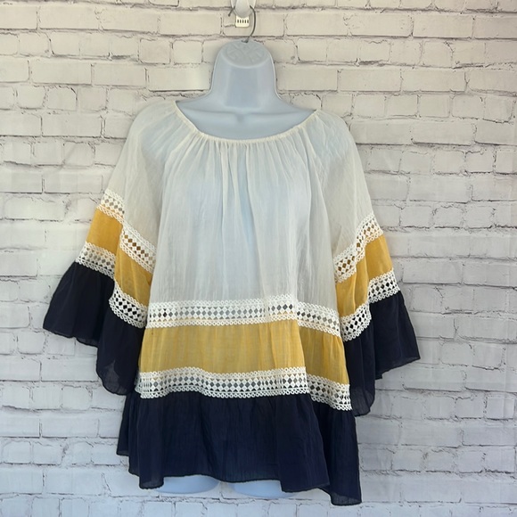 Kaktus | Tops | Kaktus Tiered Semi Sheer Lace Trim Blouse Size Medium ...